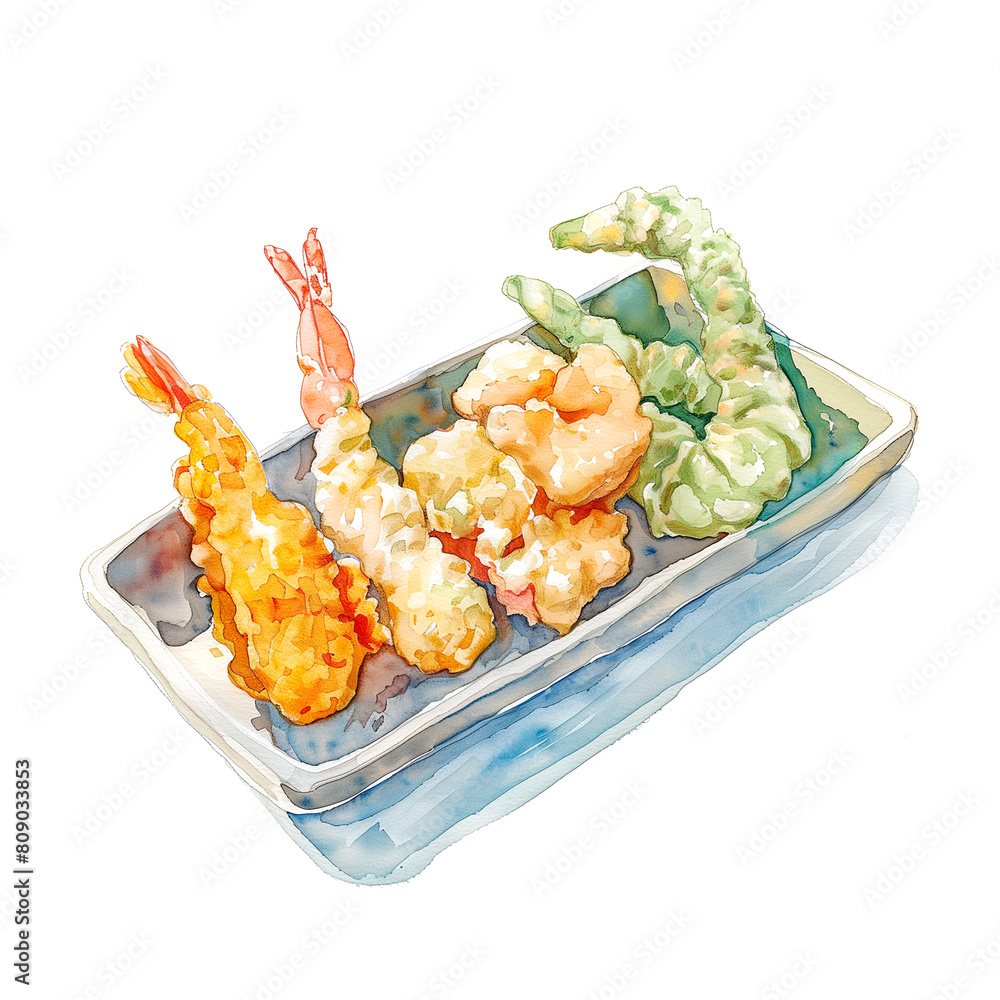 Watercolor illustration of freshly fried tempura of various kinds of ...