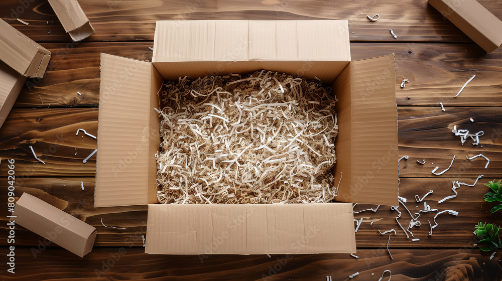 cardboard box, carton boxes with shredded filler on wooden table, top ...