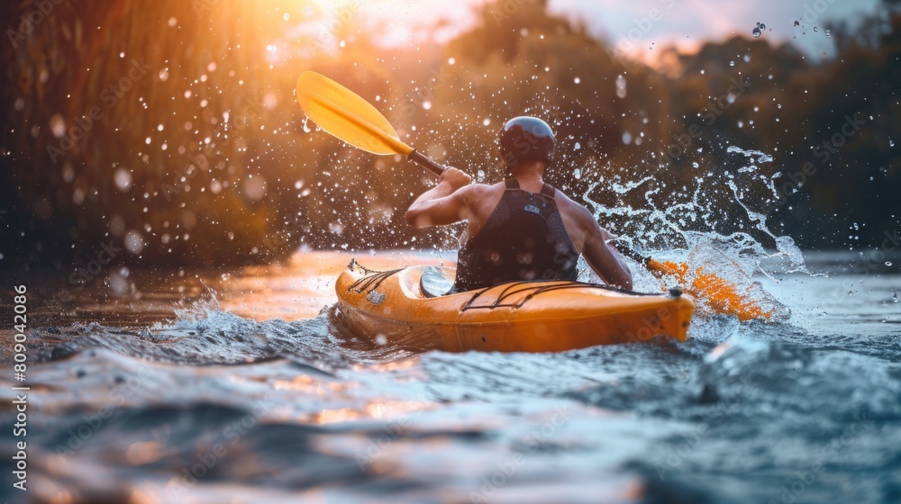 A man is actively paddling a kayak in the water, his muscles tense as ...