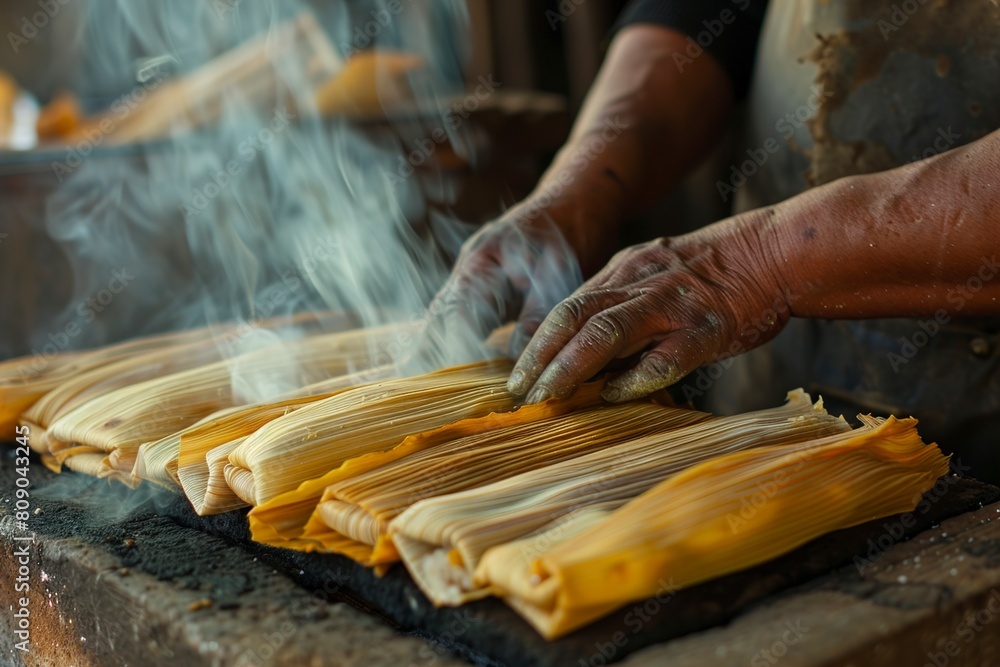 Production of hot tamales Traditional food of natives Stock Photo ...