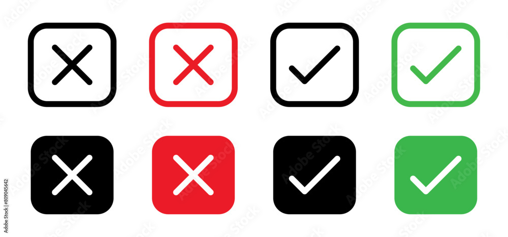 Cross mark and Check mark vector icon set. True and false button vector ...