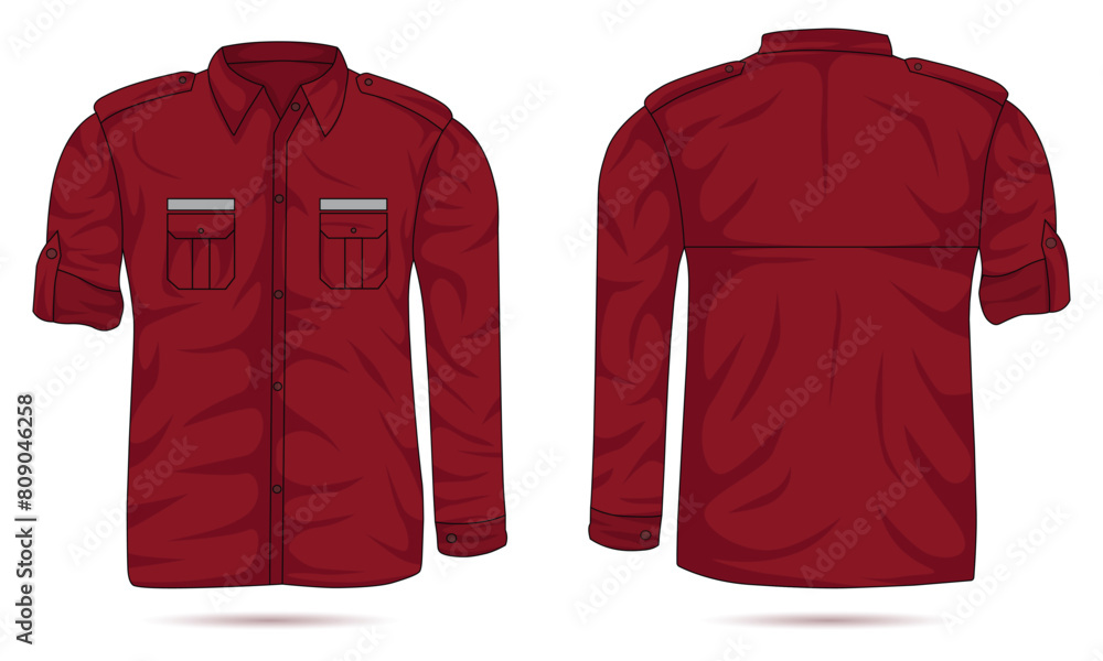 Long sleeve work shirt template front and back view. Maroon PDH shirt ...