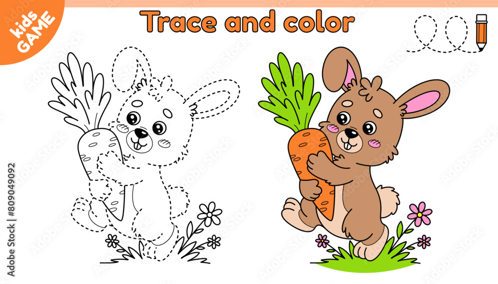 Kids educational Easter game Tracing lines. Cartoon farm rabbit ...