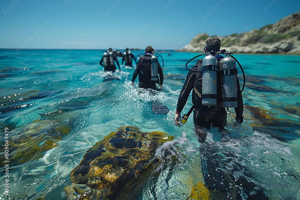 A group of scuba divers with full gear are about to explore underwater ...