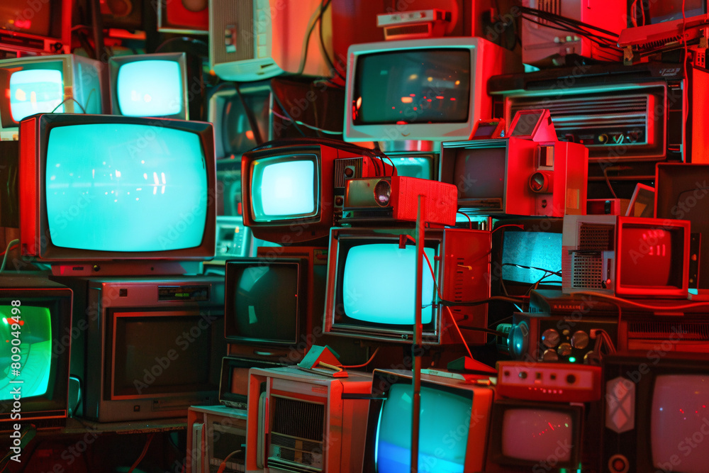 vibrant display of numerous vintage televisions stacked together with ...