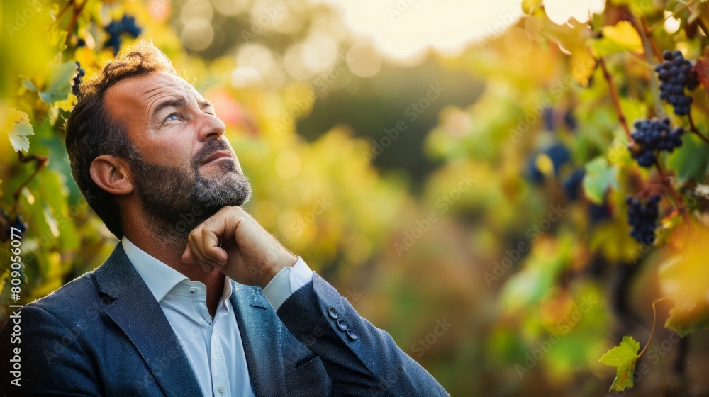 Portrait of proud mature vineyard owner standing and looking up. Mature ...