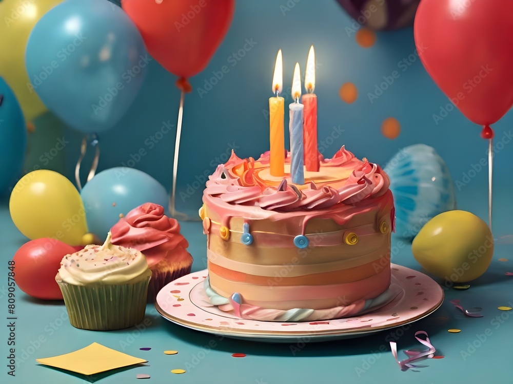 Happy Birthday Background with Balloons abd cake. Stock Illustration ...