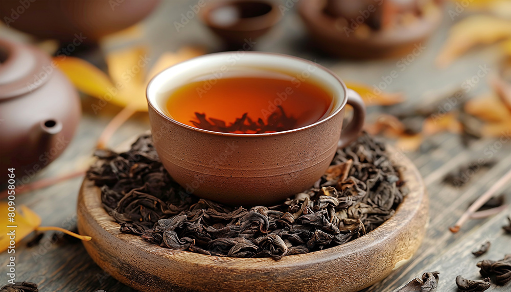 Beautiful still life featuring dry Chinese pu-erh tea and a hot cup of ...
