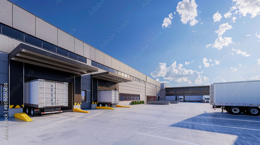 Clear blue sky over a modern loading dock with trucks and warehouse ...