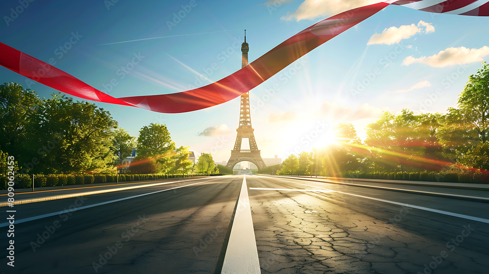 Finish line ribbon above straight asphalt road with eiffel tower ...