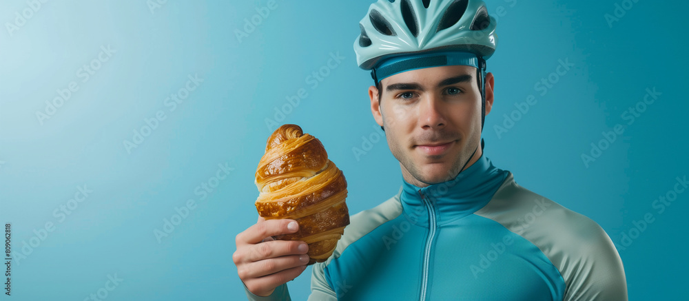 Caucasian male cyclist in a blue jersey and helmet holding a golden ...