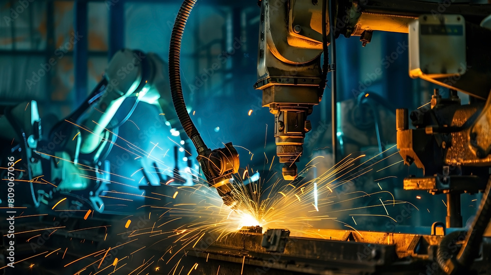 Automated robotic welding machine in the industry factory. Welding arm ...