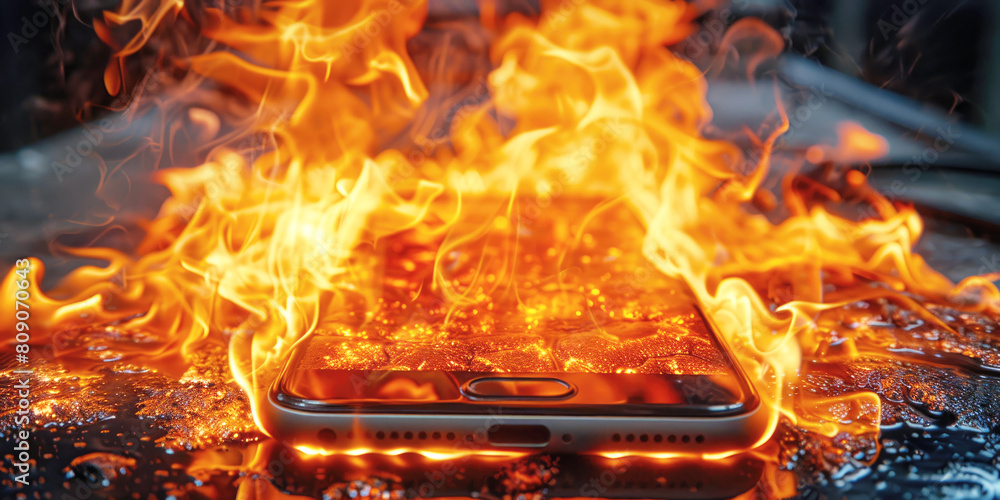 Burning smartphone exploding after overcharging battery with flames and ...