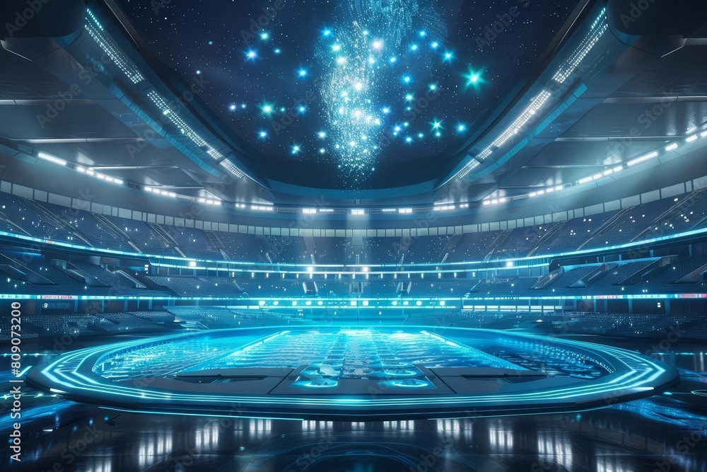 Charismatic concept of a sports arena where holograms compete in hitech ...