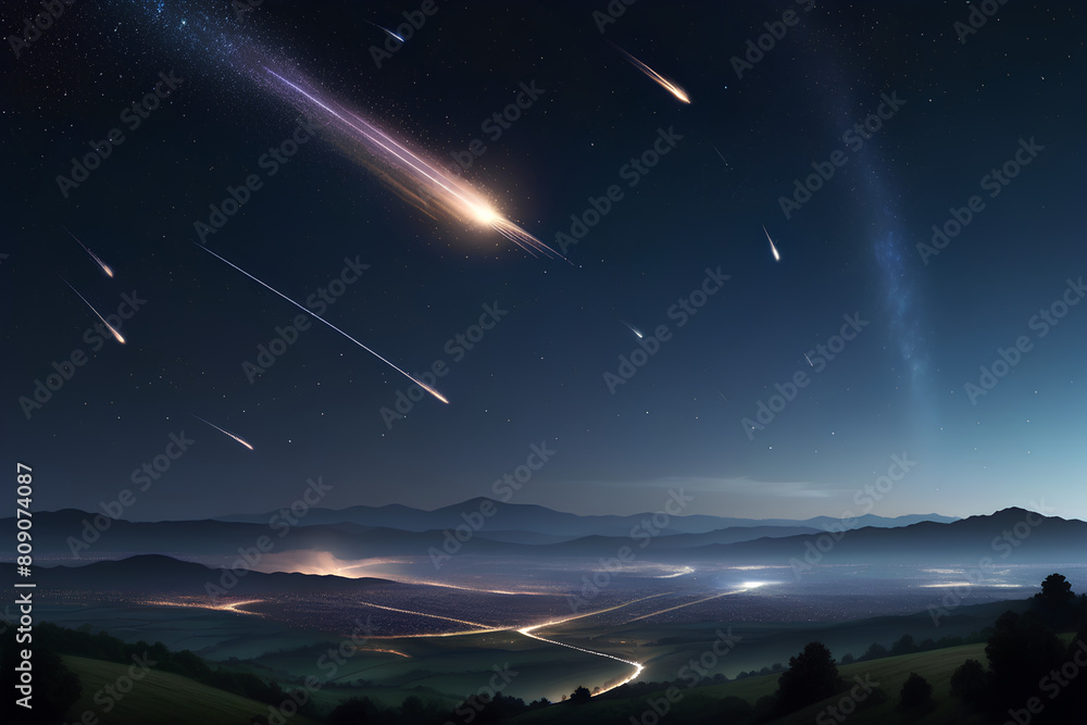 Beautiful Meteor shower in the dark sky at night background, Shiny of ...