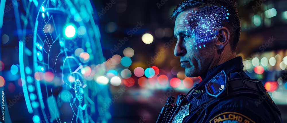Portrait of a police officer with Glow HUD big Icon of law enforcement ...