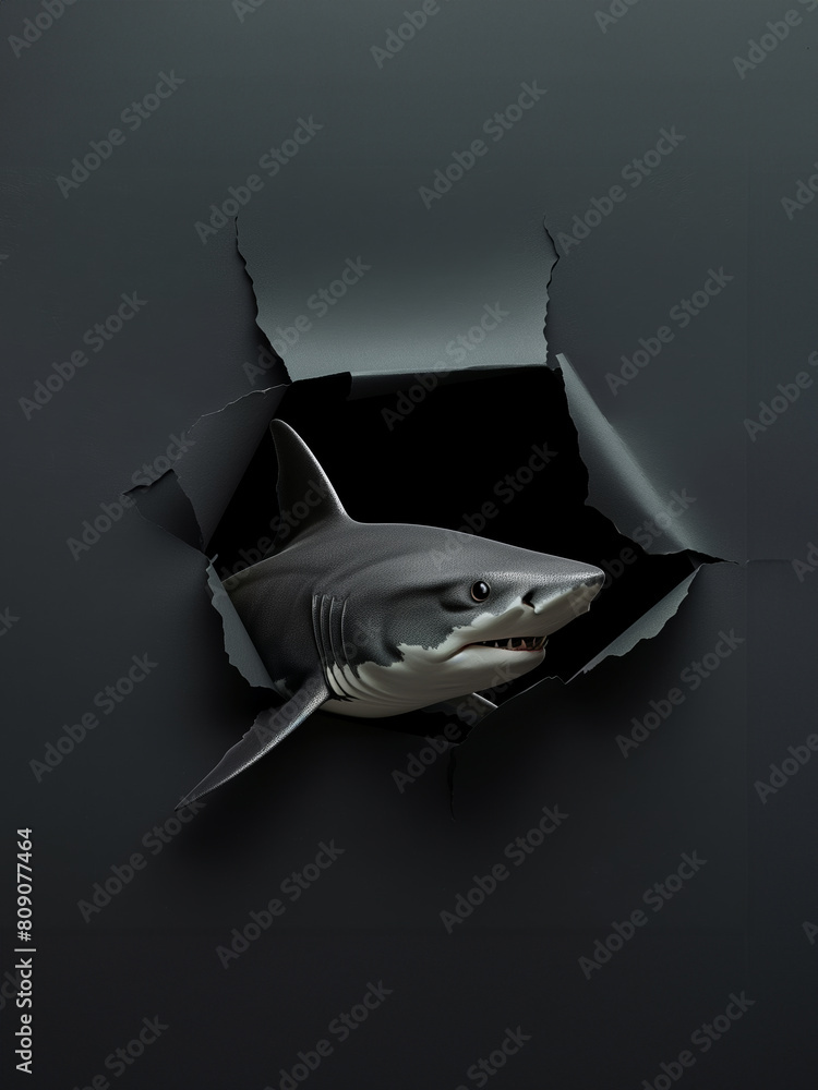 Big and scary great shark peeking through a hole in a black background ...