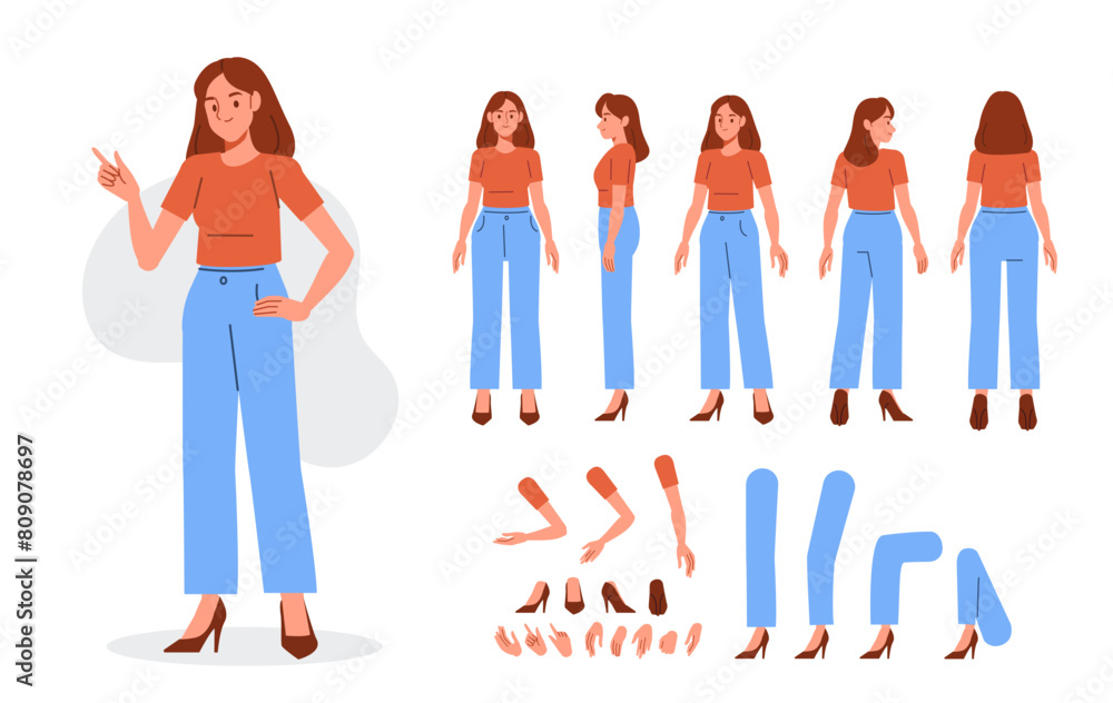 Casual woman character constructor for animation. Front, side and back ...