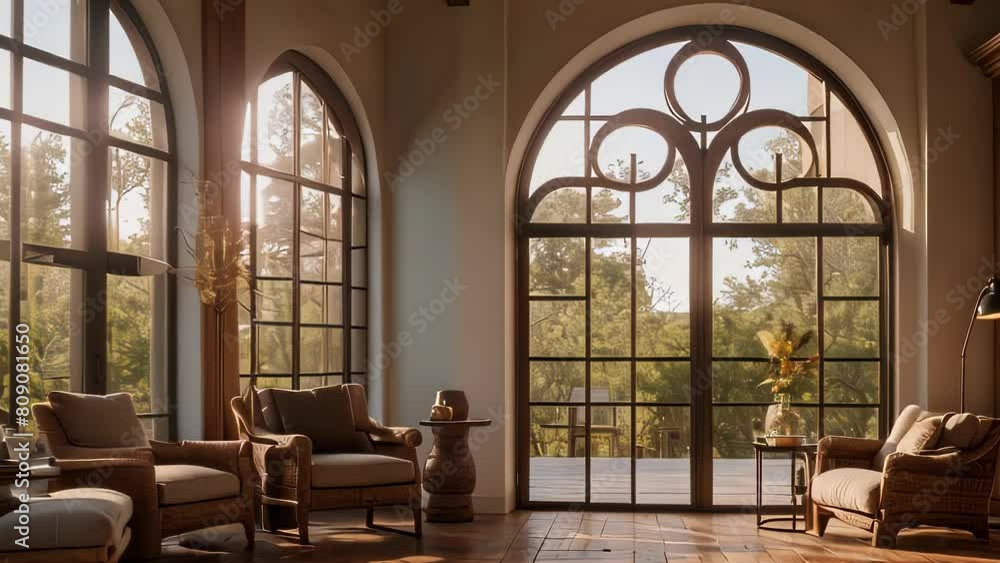 Video animation of elegant interior space with large arched windows ...