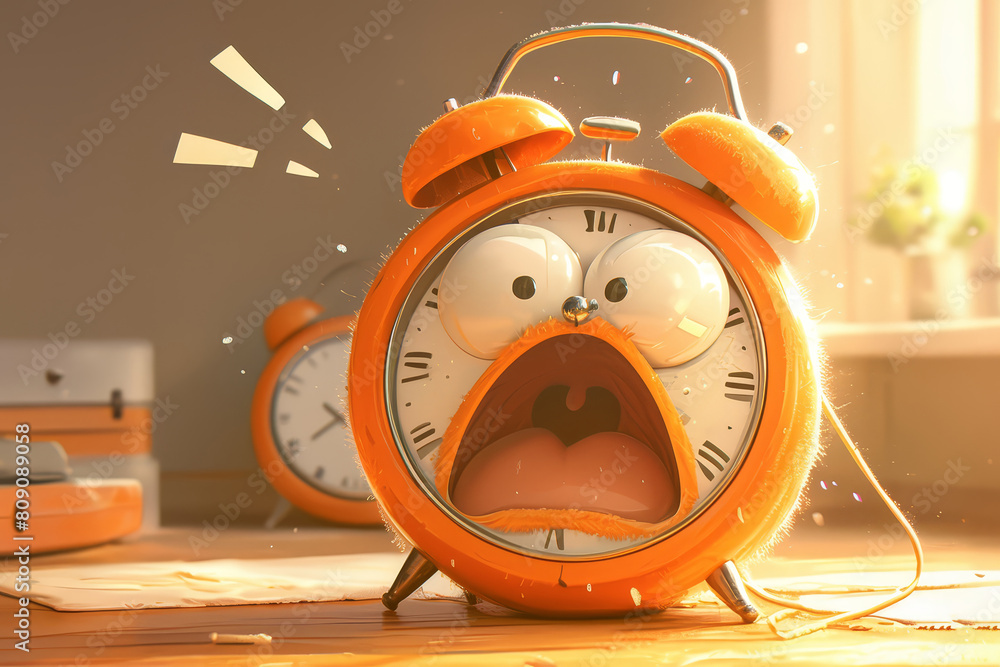 Alarm clock with an orange face and cartoon eyes, its mouth open in ...