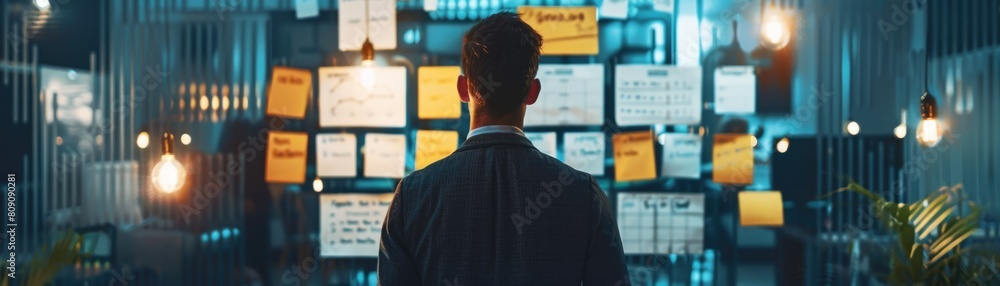 Foto de Entrepreneur reviewing a business model canvas in a modern ...