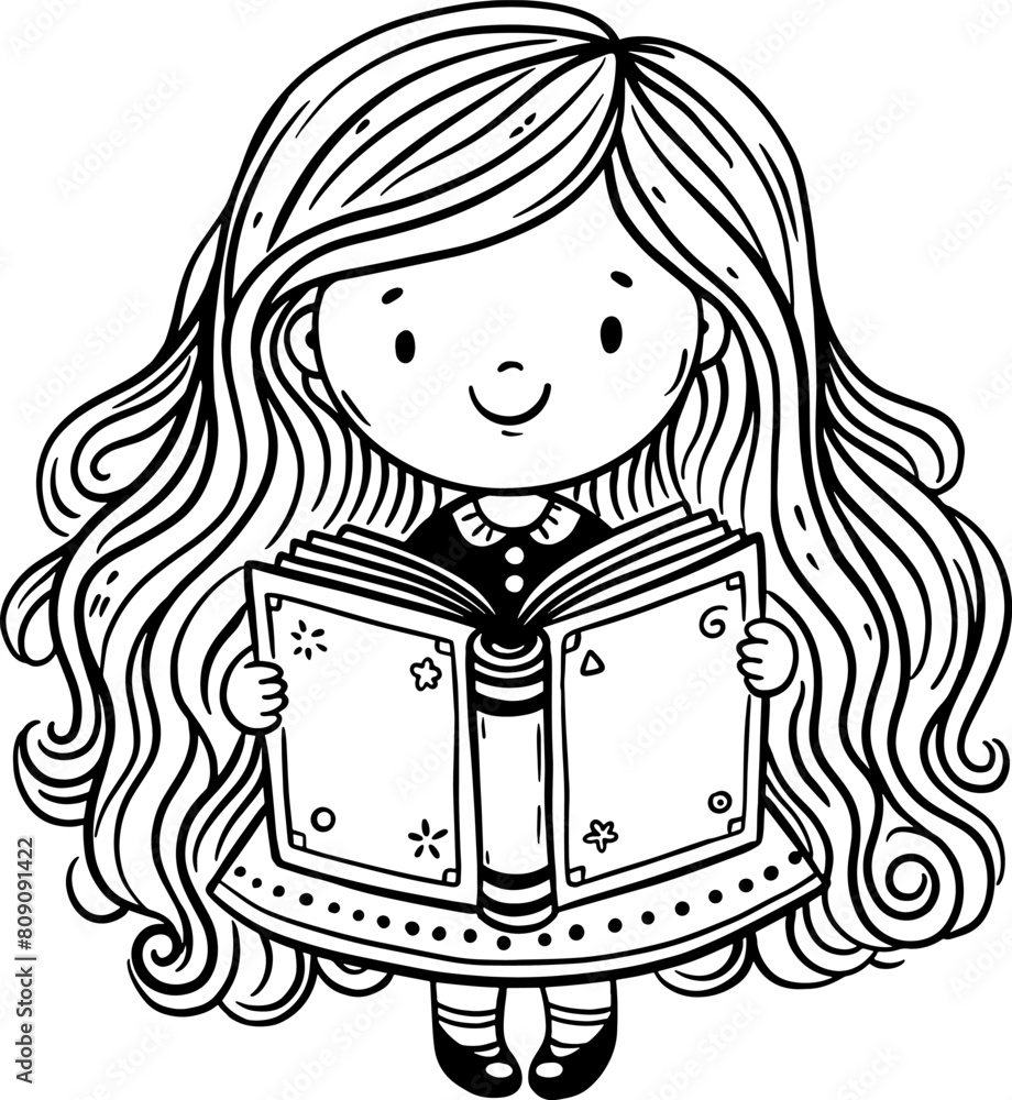 Cute cartoon little girl reading a book. Isolated outline vector ...