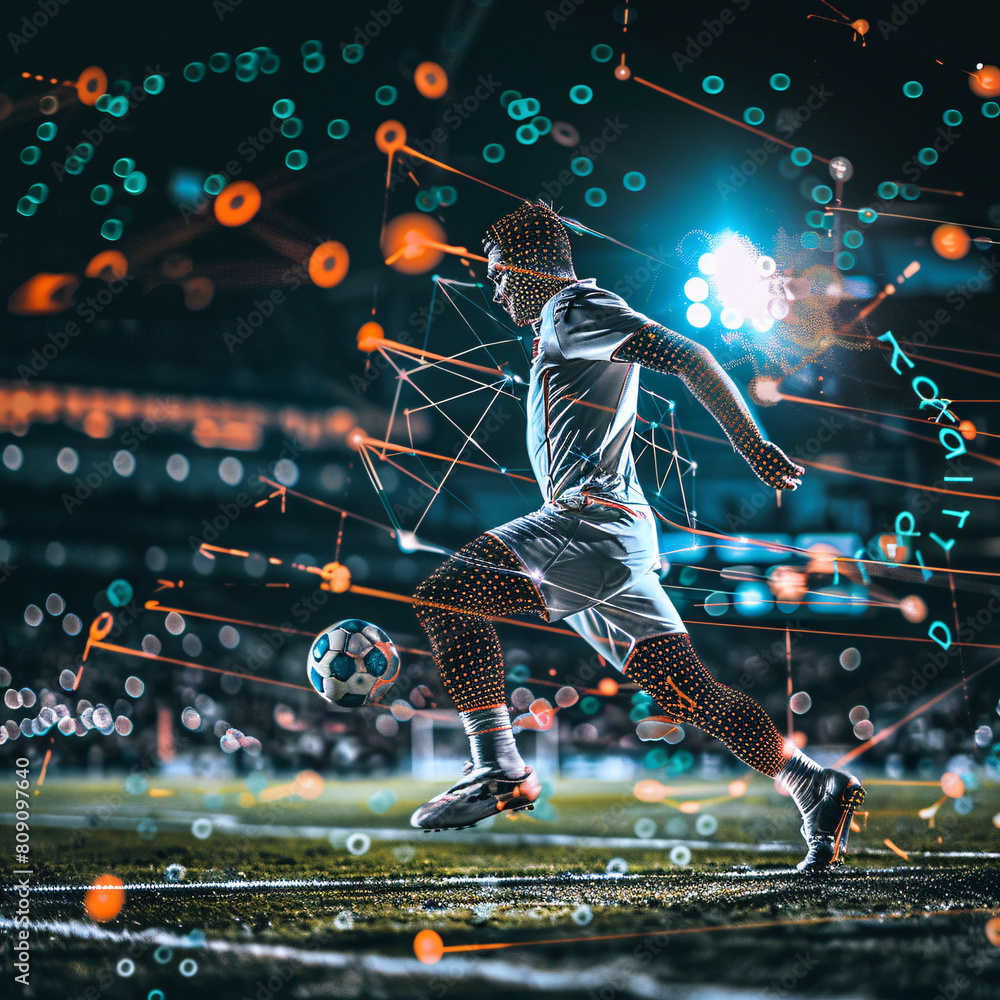 Design a futuristic depiction of AI-enabled sports analytics, featuring ...
