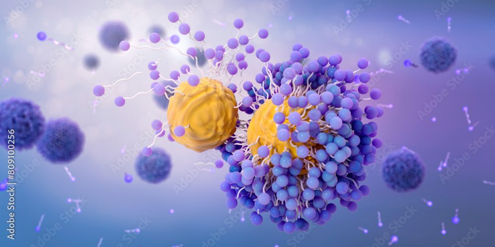 Soap molecules surrounding and capturing oily particle forming micelles ...