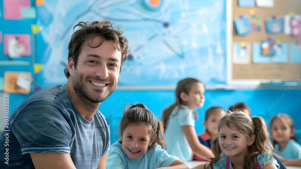 Male teacher smiling in classroom with elementary students posing for a ...