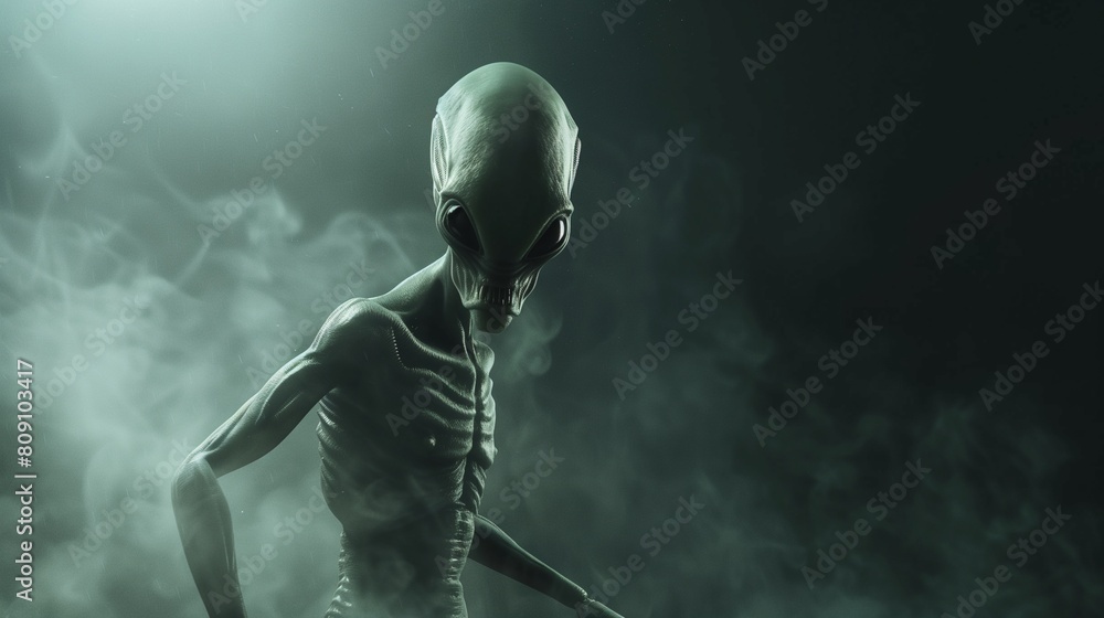Scary gray alien walks and looks blinking on a dark smoky background ...