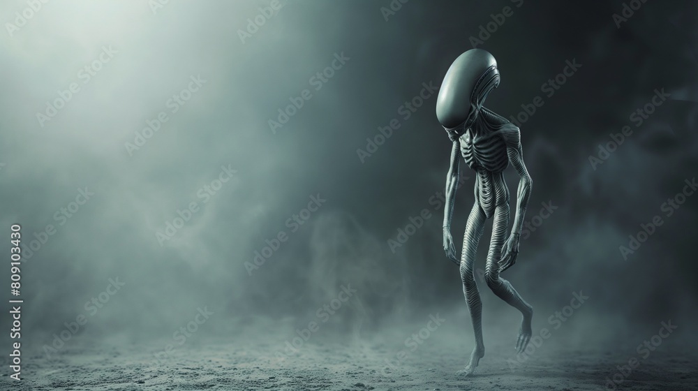 Scary gray alien walks and looks blinking on a dark smoky background ...