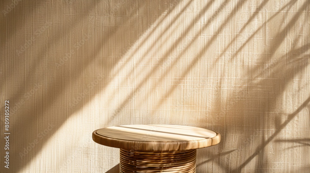 Empty wooden round side table with green tropical leaves shadows and ...