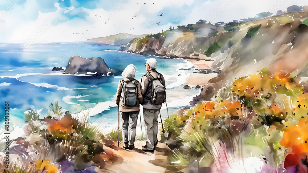 Two explorers traverse a path along a vibrant coastline, immersed in a ...