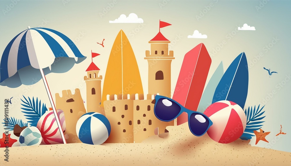 summer holiday theme set against a sky blue backdrop, featuring ...