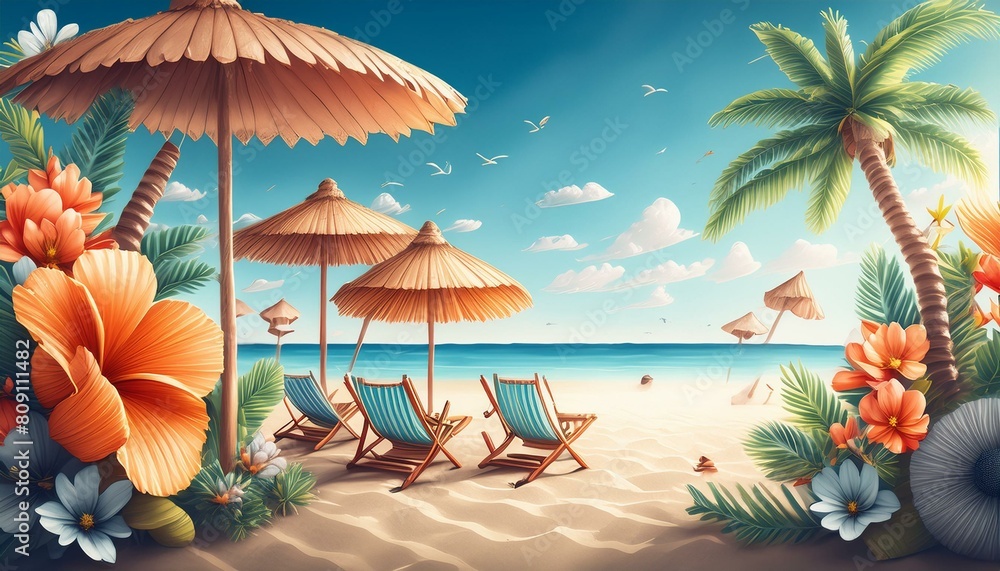 depicting a vibrant summer holiday scene against a serene sky blue ...
