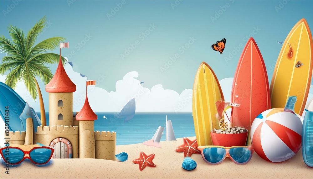 summer holiday theme set against a sky blue backdrop, featuring ...