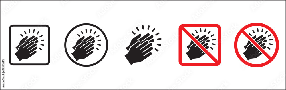 Forbidden hand clapping icons. No applaud signs. Keep silent, quiet ...