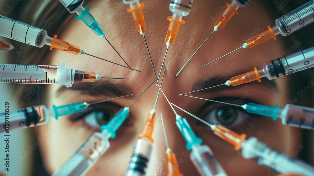A close up conceptual photography of a scared woman's face with ...