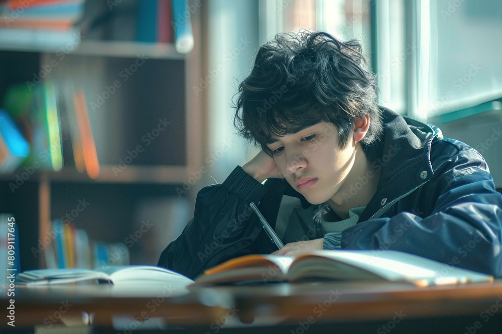 Pensive smart teenage boy taking notes, learning language, exam ...
