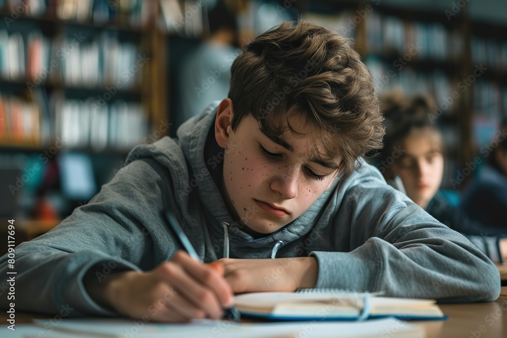 Pensive smart teenage boy taking notes, learning language, exam ...