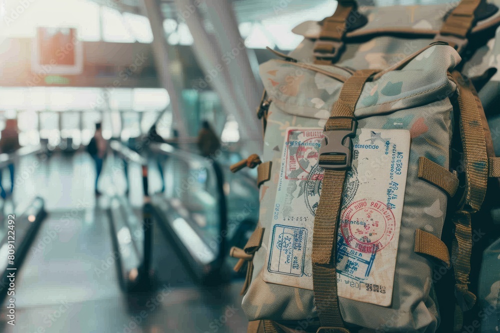 Passport stamps from exotic destinations adorning a traveler's backpack ...