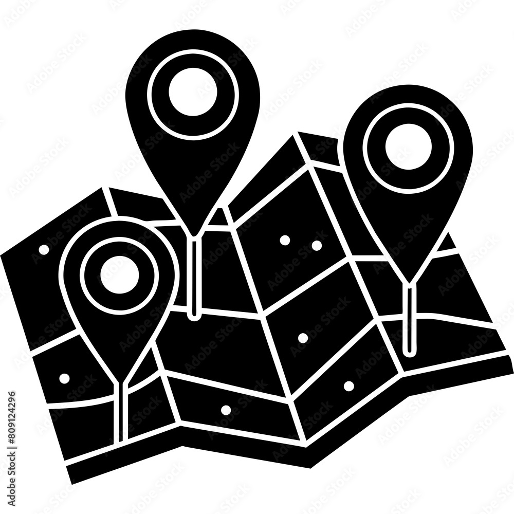 Vector Black and White Map with Location Markers on White Background ...