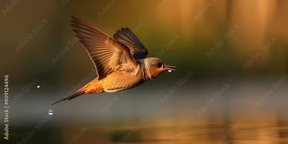 Common swift flying fast to drink water at a lake trees reflected ...