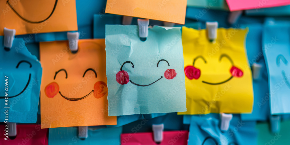 Sticky notes, art and drawing with smile emoji in notice board for ...
