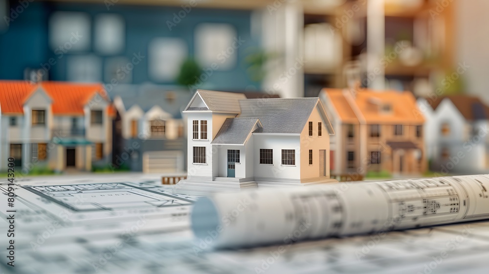 architectural model of houses on blueprint draw, banner layout for ...