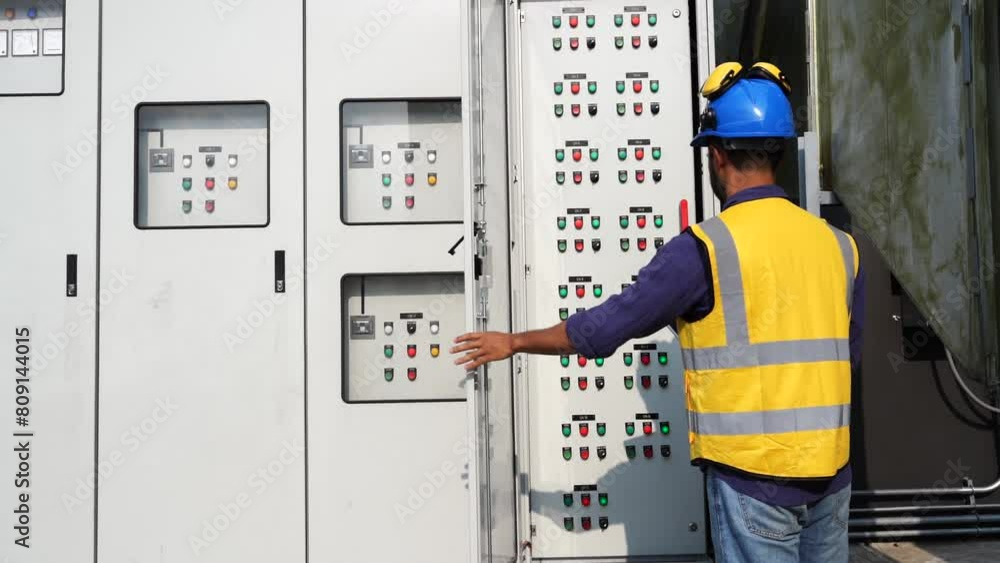 Asian male engineer wearing a reflective jacket, hard hat, walking work ...