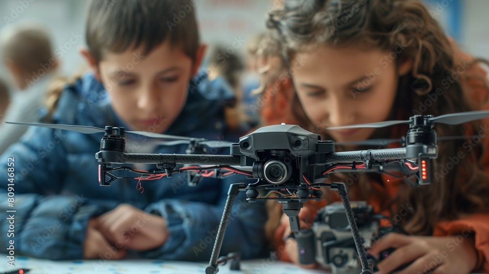 Technology fluency Young learners programming a drone in a quiet ...