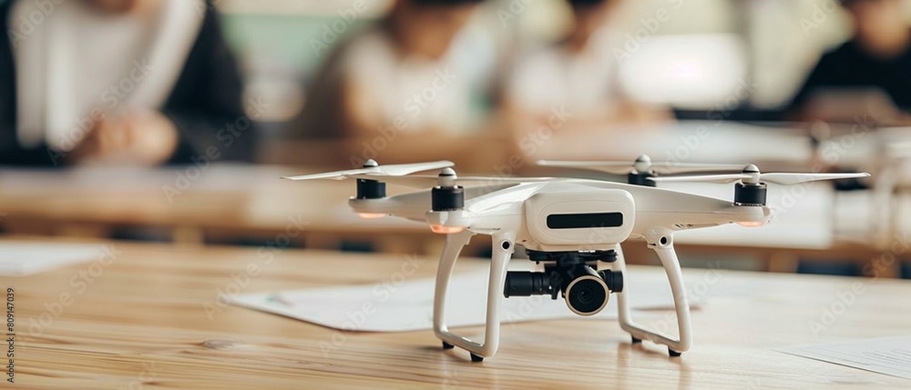 Drone programming Young learners engaged in coding a drone in a quiet ...