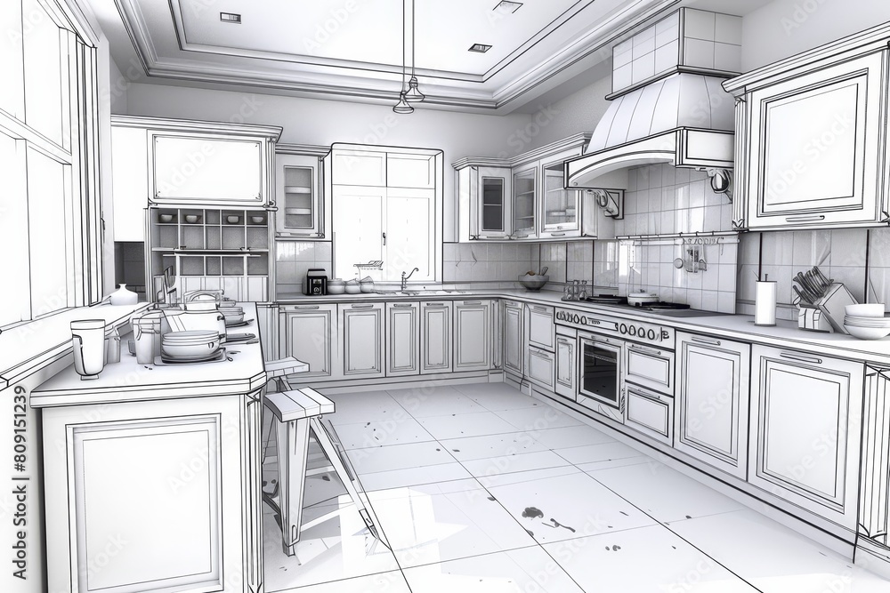 A detailed drawing of a kitchen featuring pristine white cabinets and ...