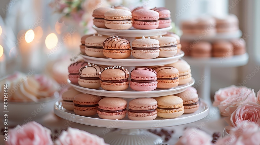 Macaron towers display elegant macaron towers in various flavors and ...